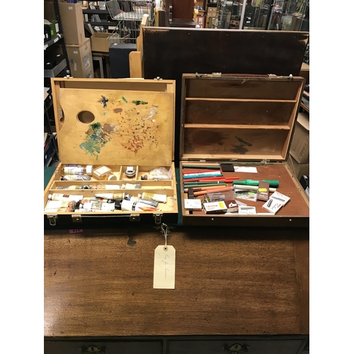 2 X VINTAGE WOODEN ARTIST BOXES WITH CONTENTS