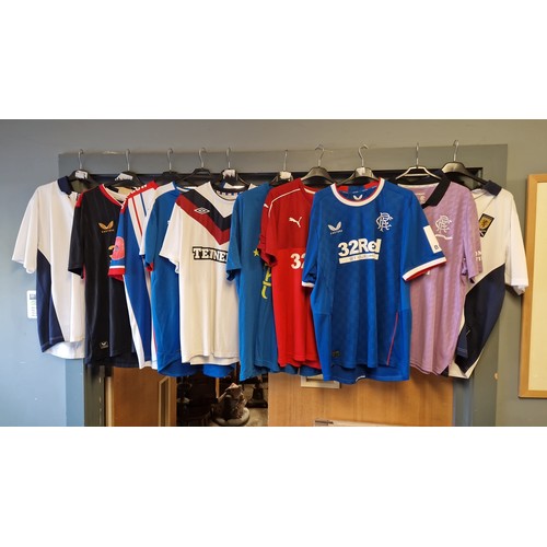 18 X VARIOUS RANGERS & SCOTLAND FOOTBALL SHIRTS WITH BOOK & MEMORABILIA ...