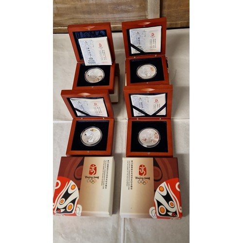 4 X BOXED SILVER PROOF BEIJING 2008 OLYMPIC COINS WITH CERTIFICATES