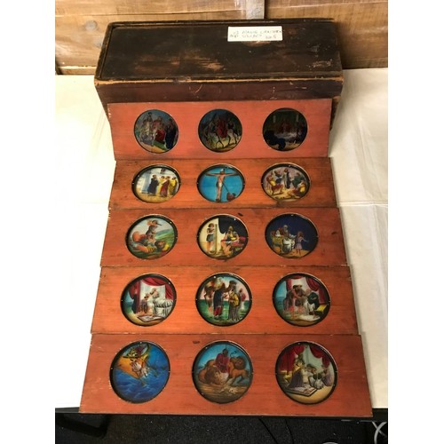 WOODEN BOX OF 12 STRIPS OF HAND COLOURED BEAUTIFUL MAGIC LANTERN SLIDES