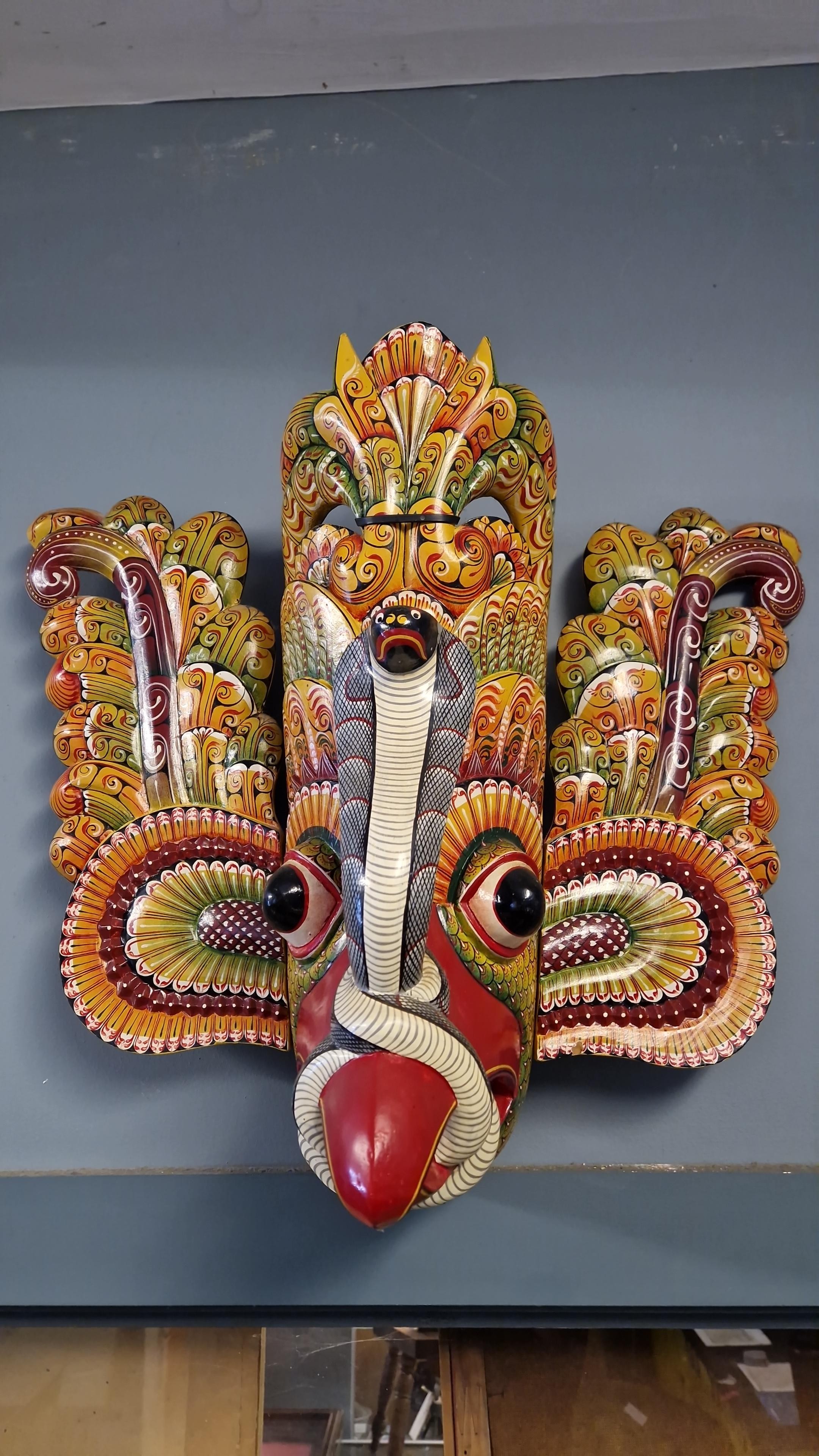VERY LARGE COLOURFUL HAND PAINTED WOODEN MASK - OVERALL 50CMS X 50CMS