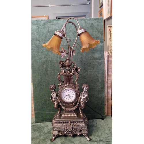 VERY LARGE SPECTACULAR TABLE LAMP / CLOCK DECORATED WITH FAWNS - 86CMS ...