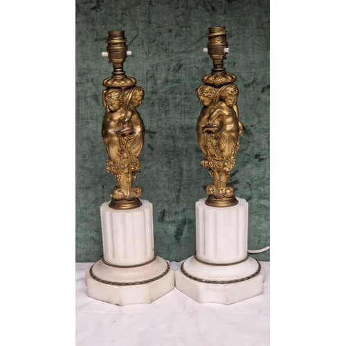 PAIR OF 1970s HEAVY BRASS TABLE LAMPS "THREE GRACES" ON MARBLE COLUMN ...