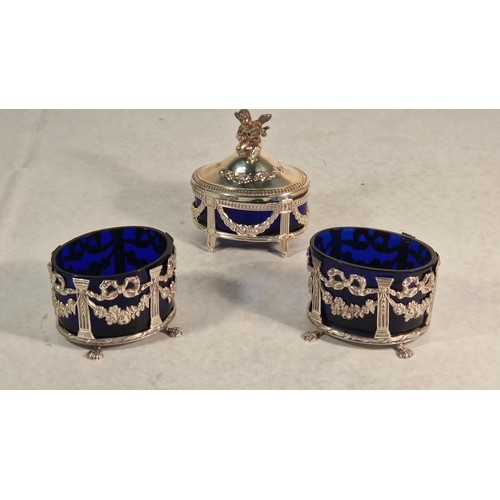 LOVELY STERLING SILVER 3 PIECE VINTAGE CRUET SET WITH BLUE GLASS LINERS ...