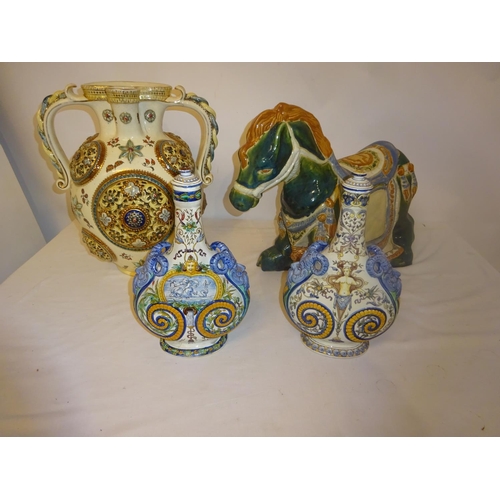 Mixed lot of china ware - pair of vases, large vase and a horse.