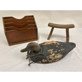 A timber duck decoy, letter rack and small stool. (3)