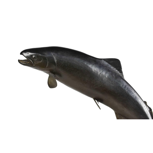 Oswaldo Merchor (20th century): leaping salmon sculpture, in bronze ...