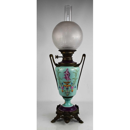 A 19th century Hinks Lever no2 porcelain and gilt metal oil lamp ...