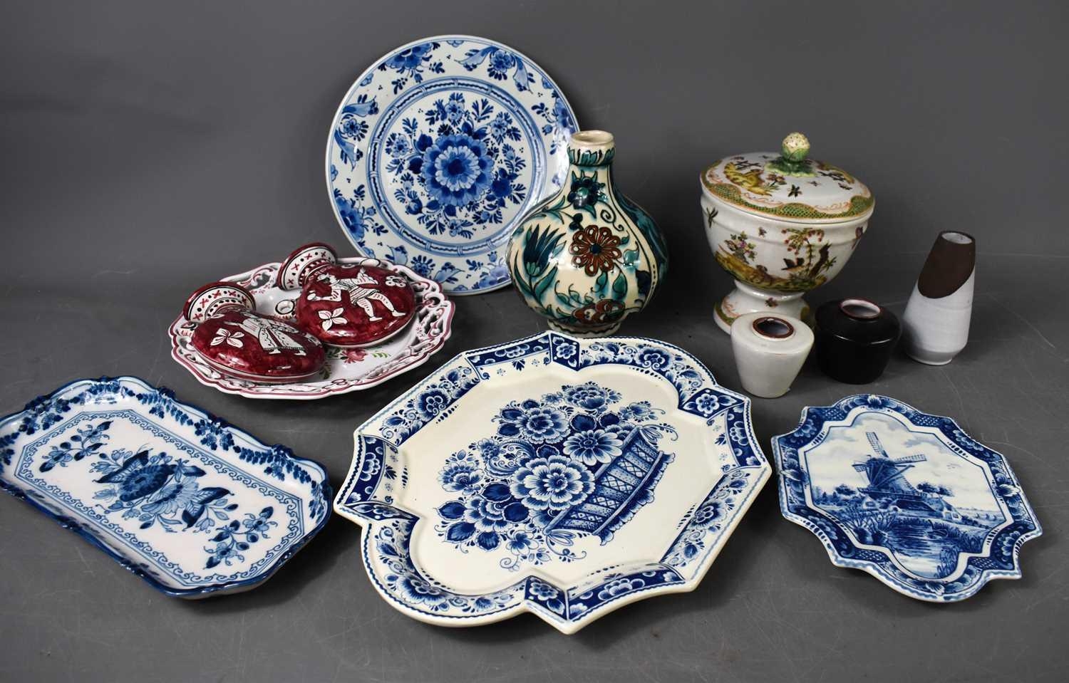 A selection of ceramics to include Delft ware, Chinese pedestal bowl ...