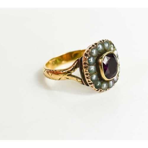 A 19th century 18ct gold betrothal ring, set with central amethyst and ...