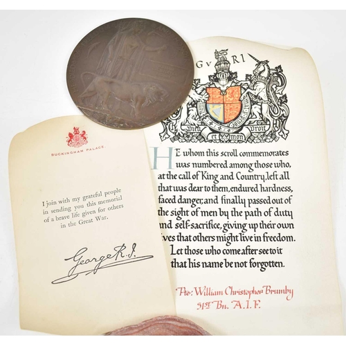A WWI death plaque and scroll to Pte William Christopher Brumby ...
