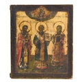 A 19th century Russian Orthodox icon, depicting the Three Hierarchs and St Basil the Great, oil on p