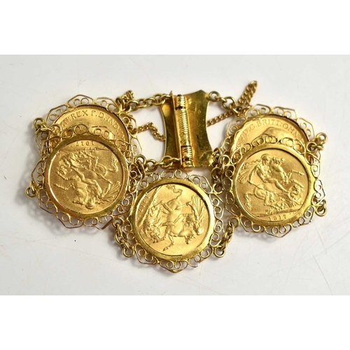 A sovereign bracelet with five full sovereigns mounted on a 18ct gold ...