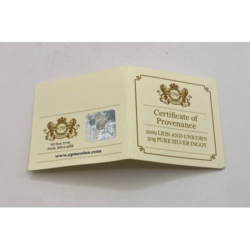 CPM 2019 Lion and Unicorn 50g Pure Silver Ingot with Certificate of ...