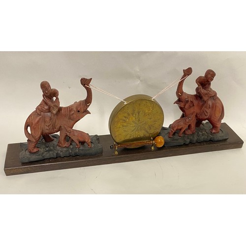 Vintage Oriental Style Carved Wood Dinner Gong with Elephant Figures ...
