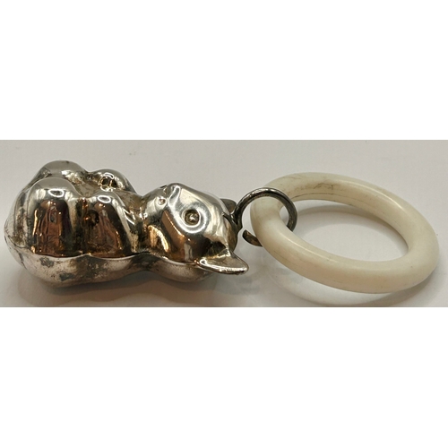 Silver dog baby rattle with teething ring. 9cm x 5cm.