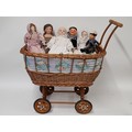 Childs Cane Pram with 6 small dolls, Pram 52cm x 32cm x 57cm