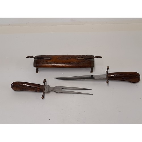 Indian Carving set in Carved wood Holder with Brass Fittings, 35cm long
