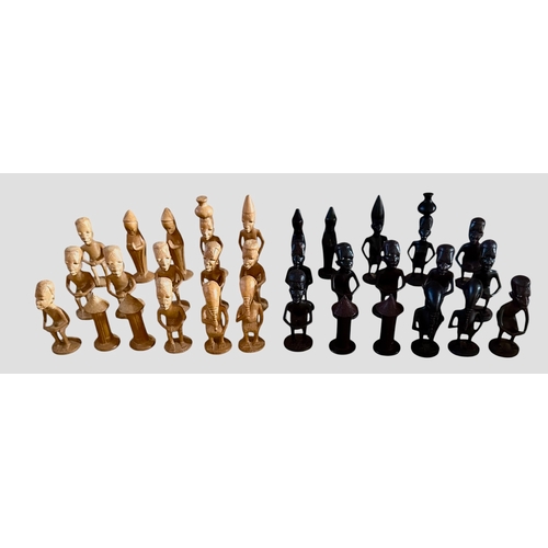 A Good Set Of Mid Century Makonde Hand Carved Chess Pieces
