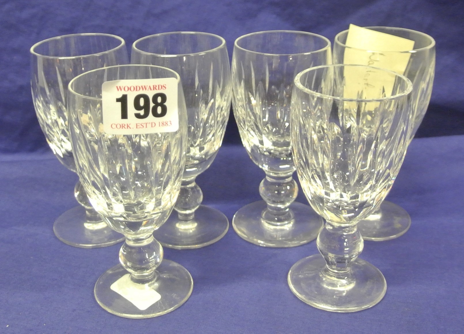 Set of six Waterford Crystal cut glass port glasses with knop stems ...