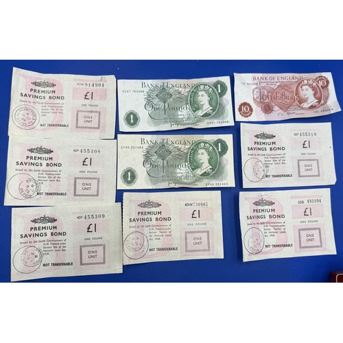 Two Old Paper £1 Notes , A 10 Shilling Note and Six £1 Premium Savings ...