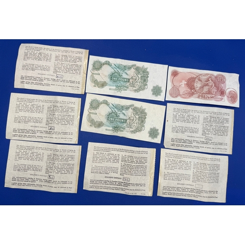Two Old Paper £1 Notes , A 10 Shilling Note and Six £1 Premium Savings ...