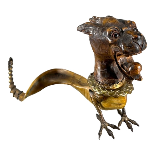 A 20TH CENTURY GERMAN/AUSTRIAN RAMS HORN AND CARVED WOOD INKWELL IN THE ...