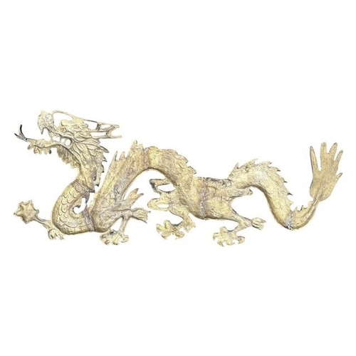 AN EARLY 20TH CENTURY CHINESE BRASS PLAQUE OF WINGLESS DRAGON. (67cm x ...