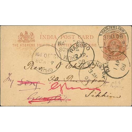 Sikkim. 1908 (May 31) ¼a Postcard from Darjeeling to P.O Rangpo, Sikkim ...