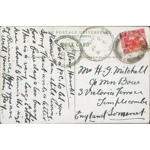 Jittra. 1912 (Apr. 3) Picture postcard to England franked 3c, tied by ...
