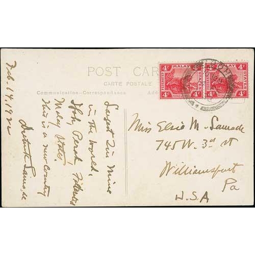 1922 (Feb 14) Picture postcard from Ipoh to USA bearing 4c scarlet die ...