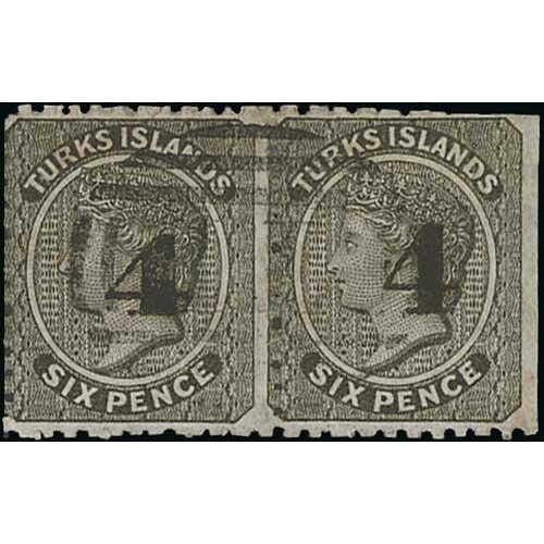 1881 4 on 6d Black, horizontal pair used with "T1" cancel, surcharge ...