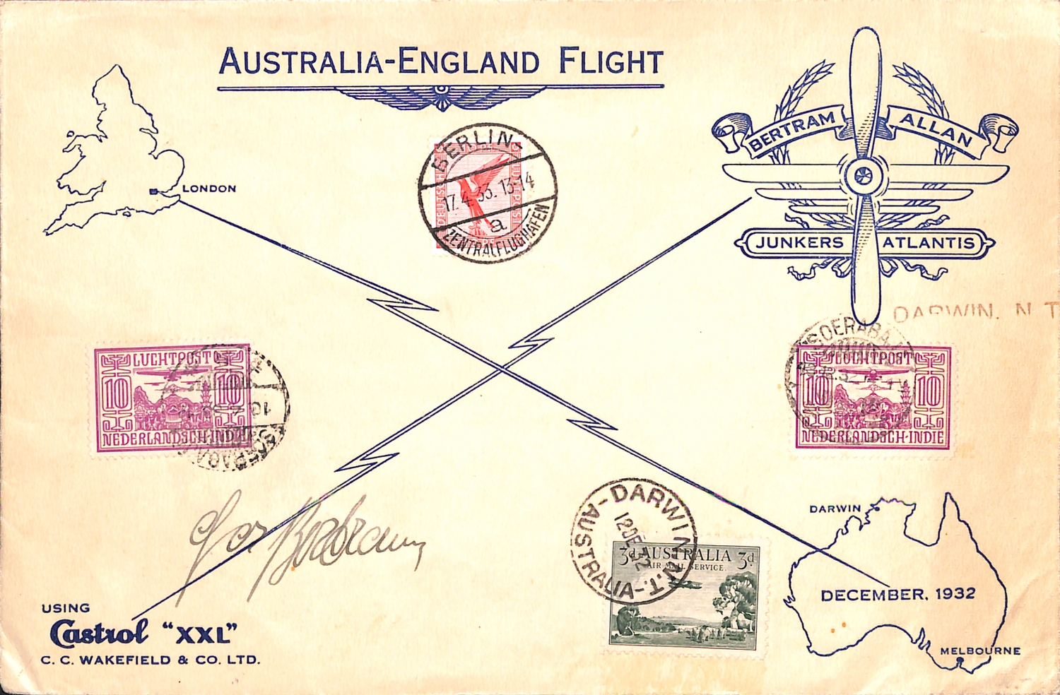 1932 (Dec 12) Hans Bertram Australia to Germany return flight, printed ...