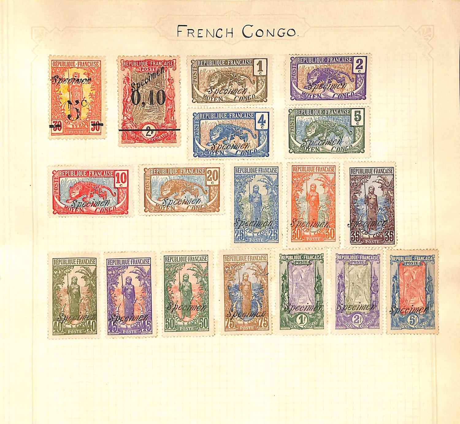 French Congo. Page bearing 1903 5c and 10c surcharges, 1907 Middle Congo set of sixteen (no 15c) al