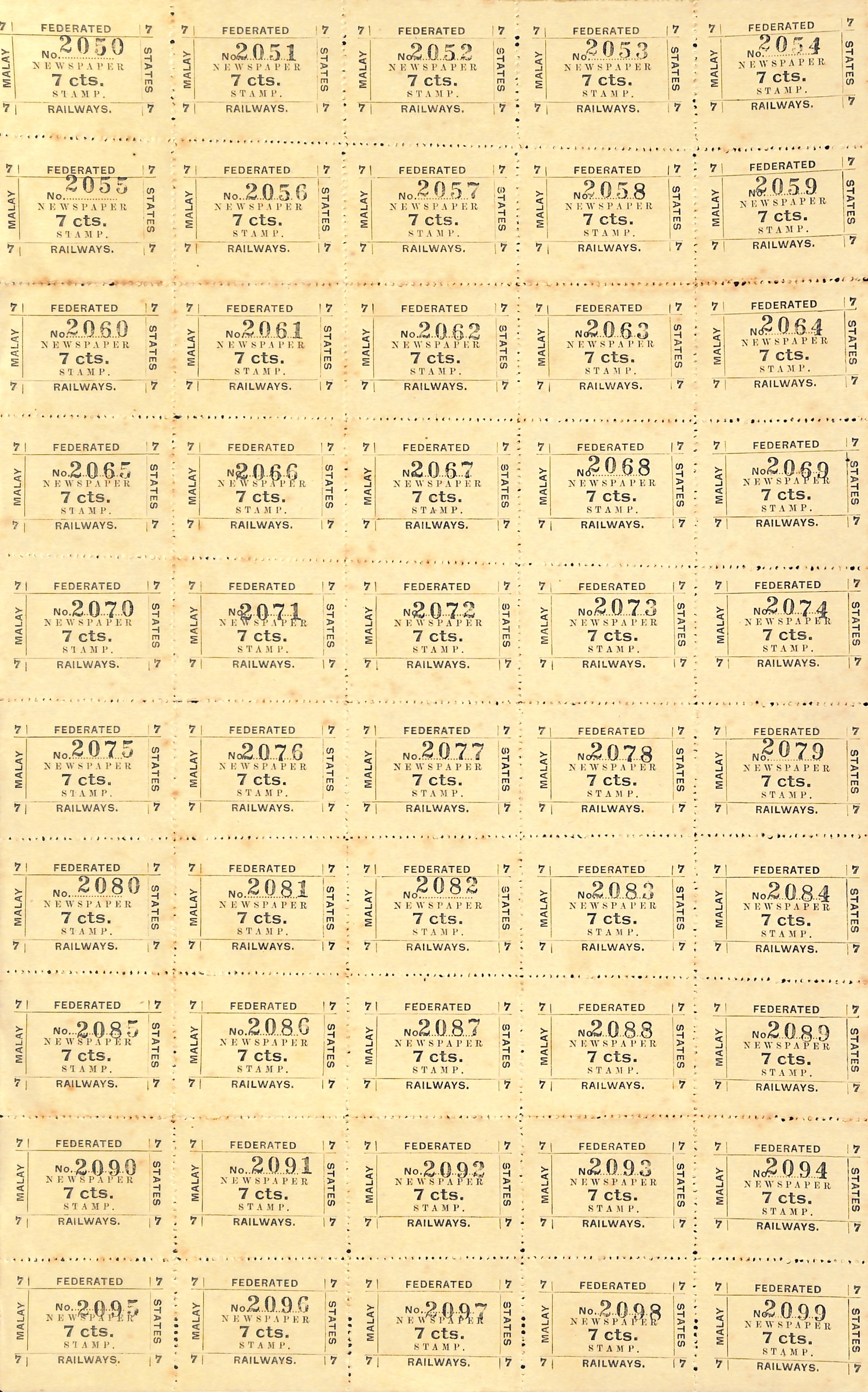 c.1920 F.M.S Railways 7c newspaper stamp on yellow ungummed paper, a ...