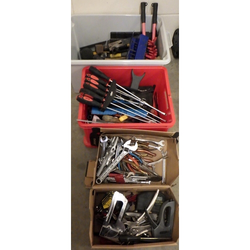 Four boxes of various tools including long Dexton screwdrivers ...