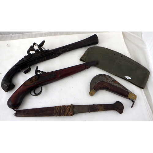 Two flintlock pistols, leather handle knife, Italian folding hook knife ...