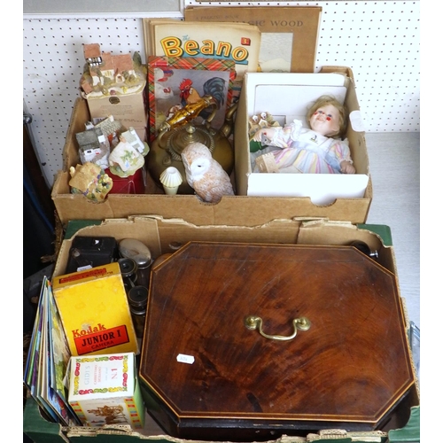 Two boxes of misc collectables to inc a 19thC inlaid box, doll etc (2)