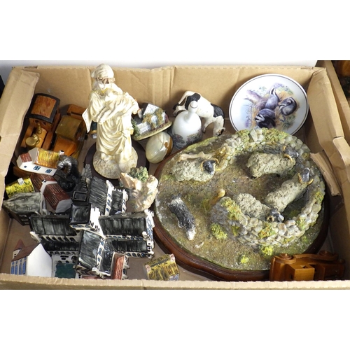 Two boxes of misc collectables to inc various cottages, figure groups ...