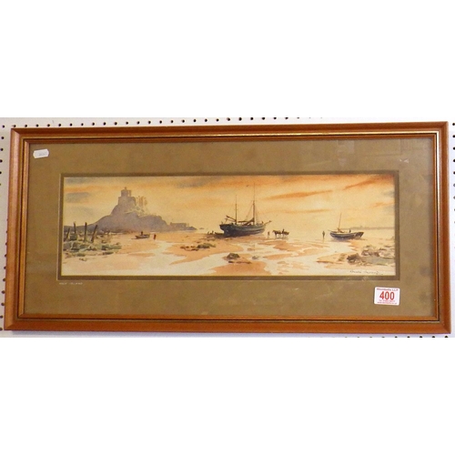 Ronald Moore, Holy Island watercolour 70 x 31cm inc frame