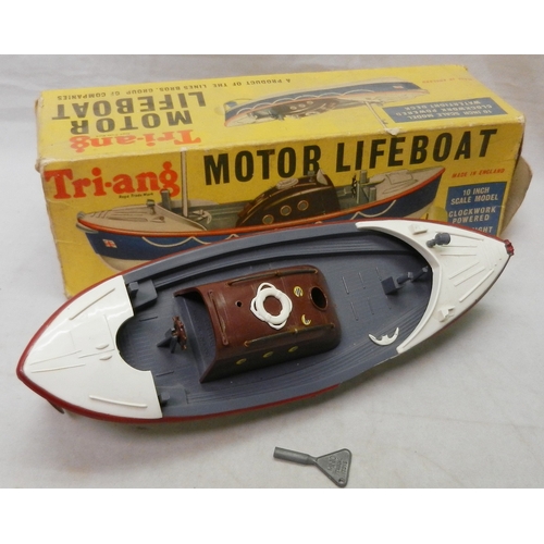 A Tri-Ang Motor Lifeboat clockwork toy, boxed but incomplete, mast ...