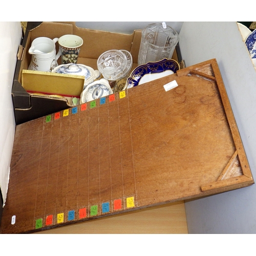 A penny push board together with misc ceramics and glass ware