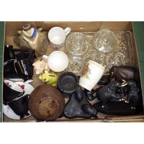 A qty of collectables to include tea ware, carved elephants, glass ...