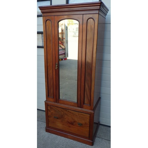 A Victorian mahogany single wardrobe with mirrored door, missing handle ...