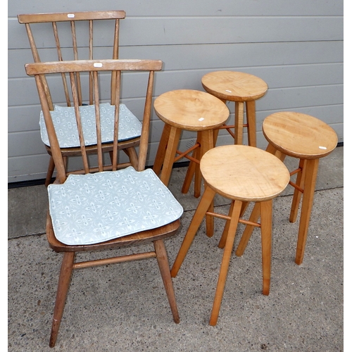 Two faded stick back chairs together with four stools a/f (6)