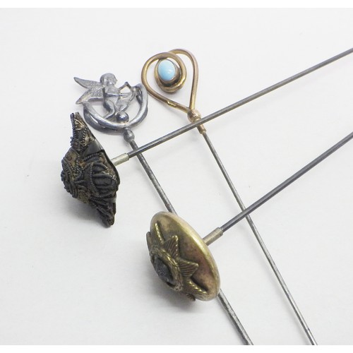 A collection of hat pins incl an indistinctly marked Charles Horner ...