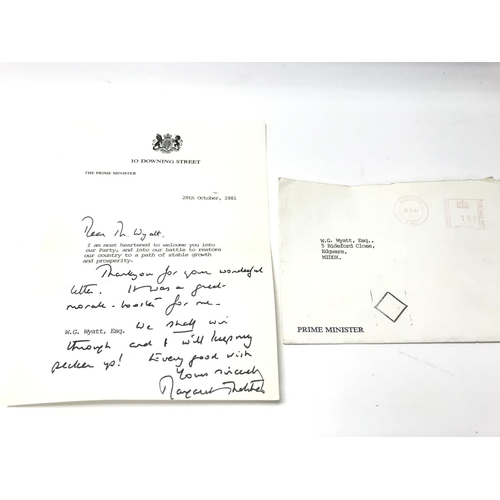A signed letter from Margaret Thatcher welcoming W G Wyatt to the party ...