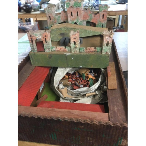 A scratch built model castle and plastic figures, boxed Crossfire game ...