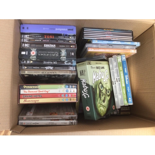 Four boxes of DVDs and BluRays including various box sets.