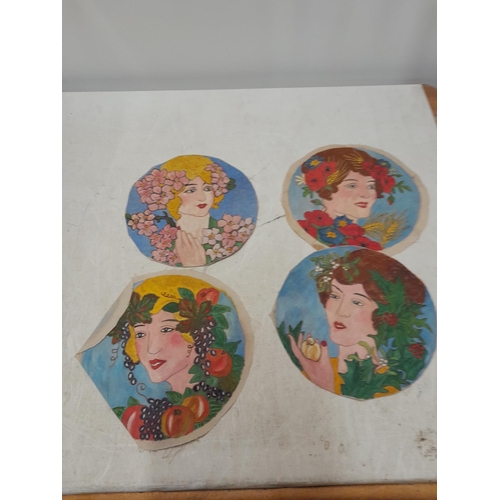 4 x vintage cut out paintings on canvas